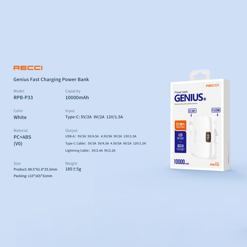 Recci Genius 10000 mAh Fast Charging Power Bank RPB-P33